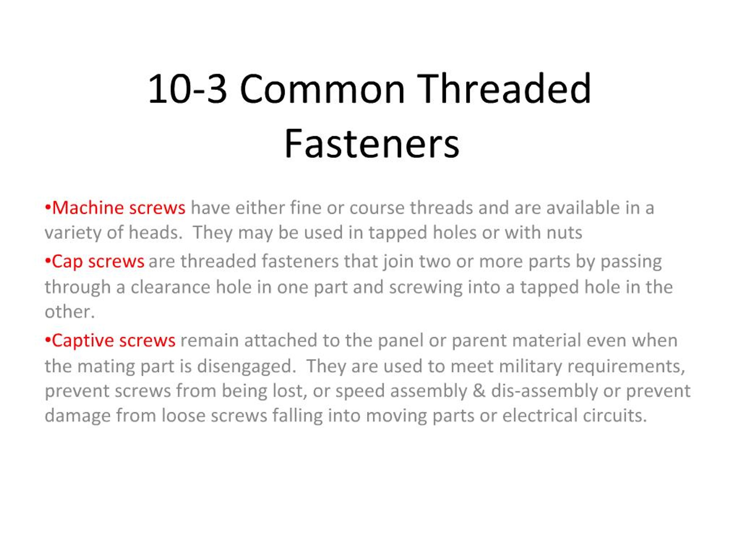 PPT - 10-3 Common Threaded Fasteners PowerPoint Presentation, free ...