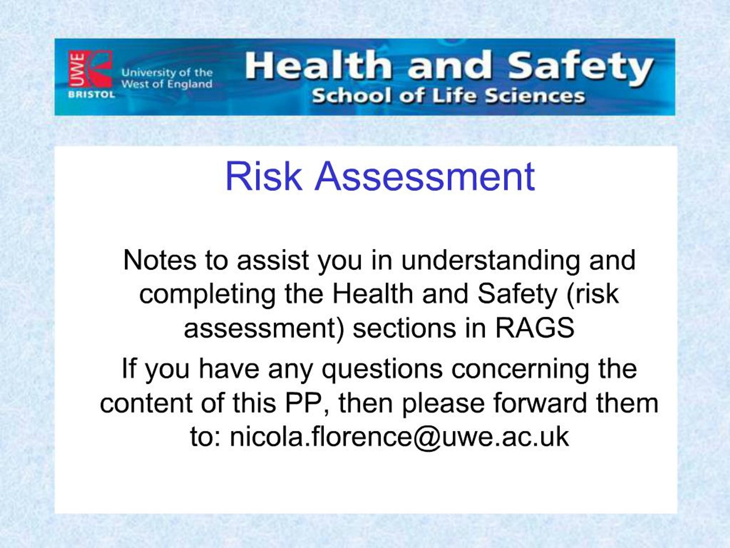PPT - Risk Assessment Notes to assist you in understanding and ...