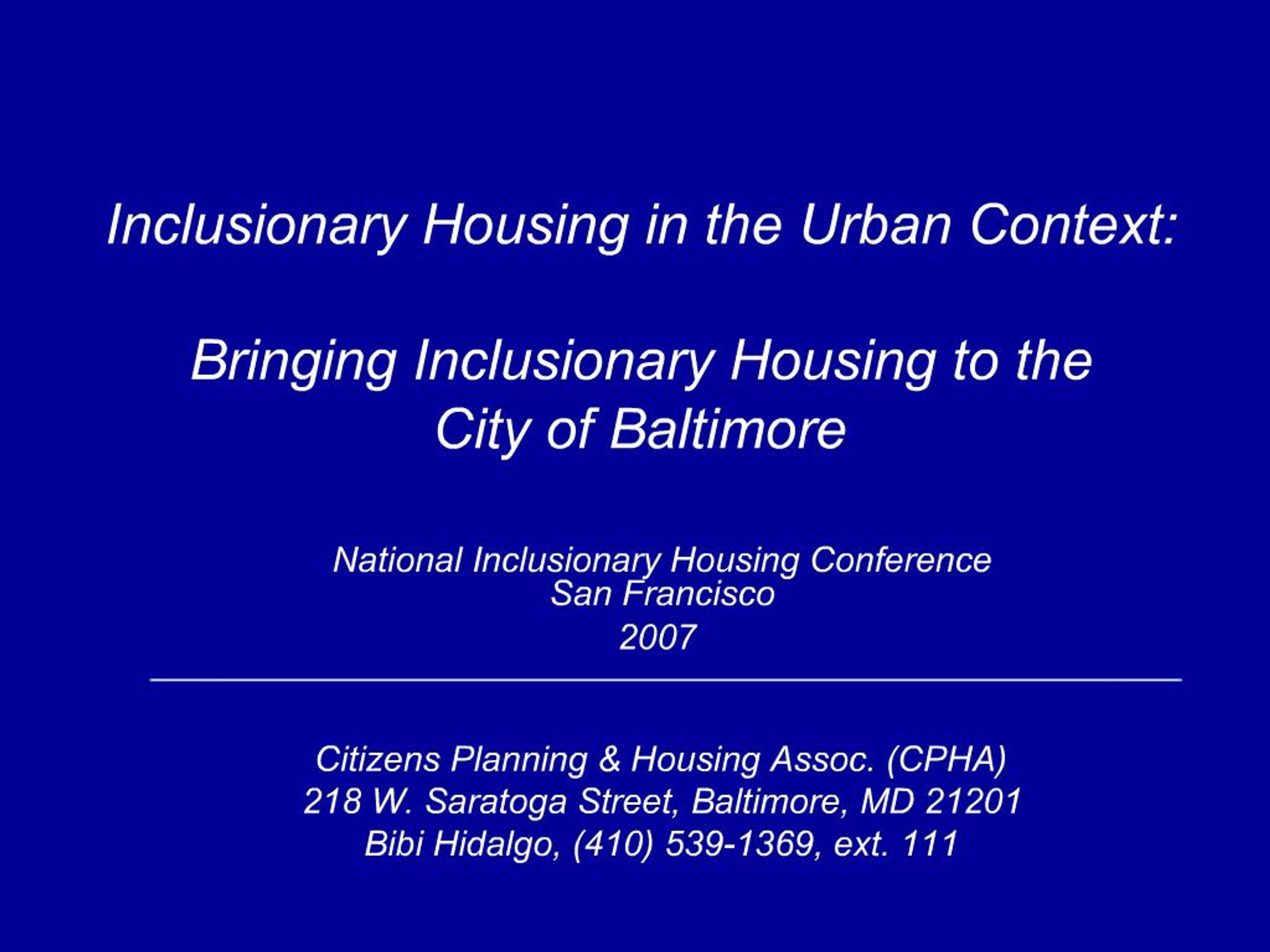 PPT - Inclusionary Housing in the Urban Context: Bringing Inclusionary ...