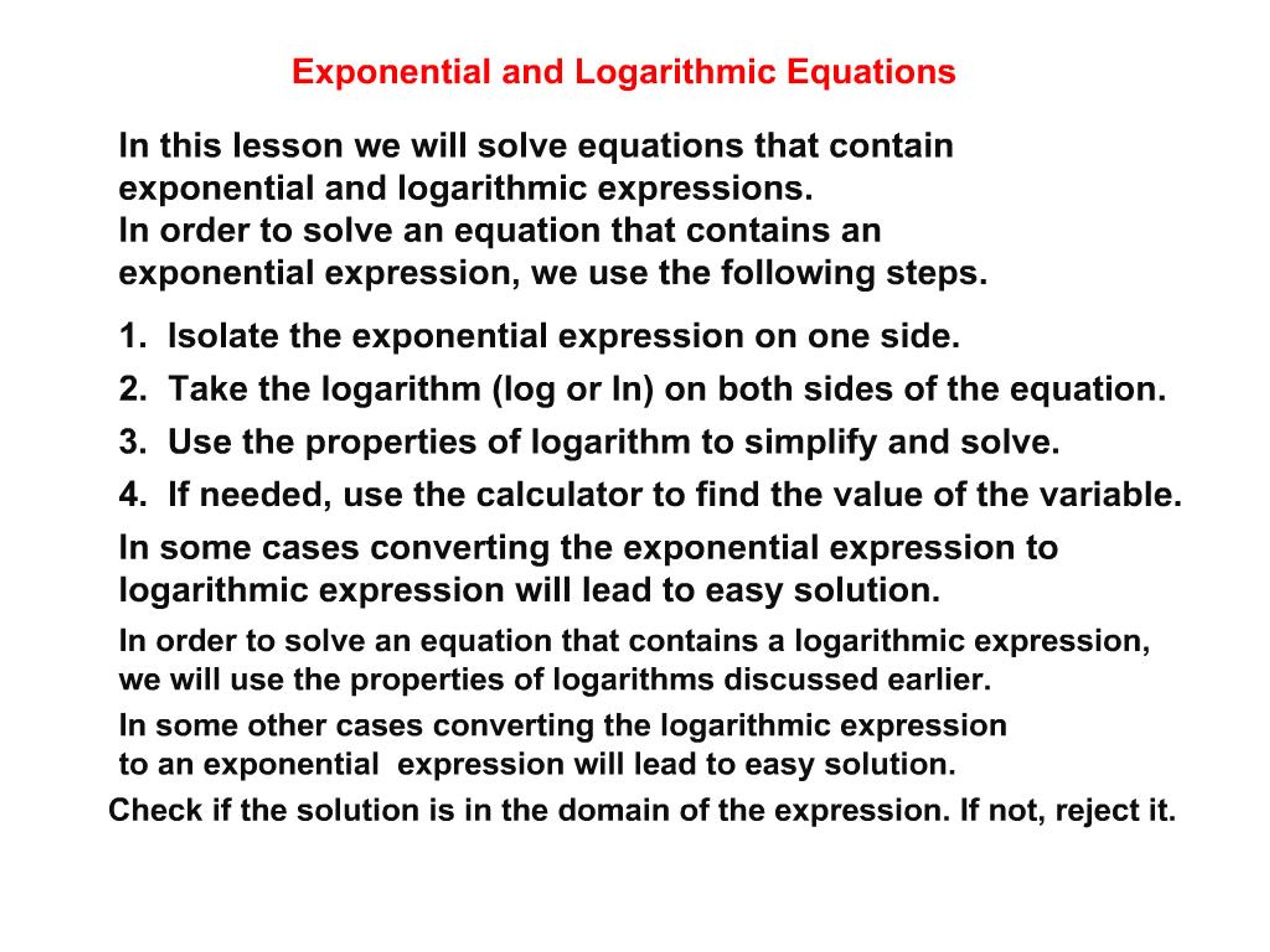 PPT - Exponential and Logarithmic Equations PowerPoint Presentation ...