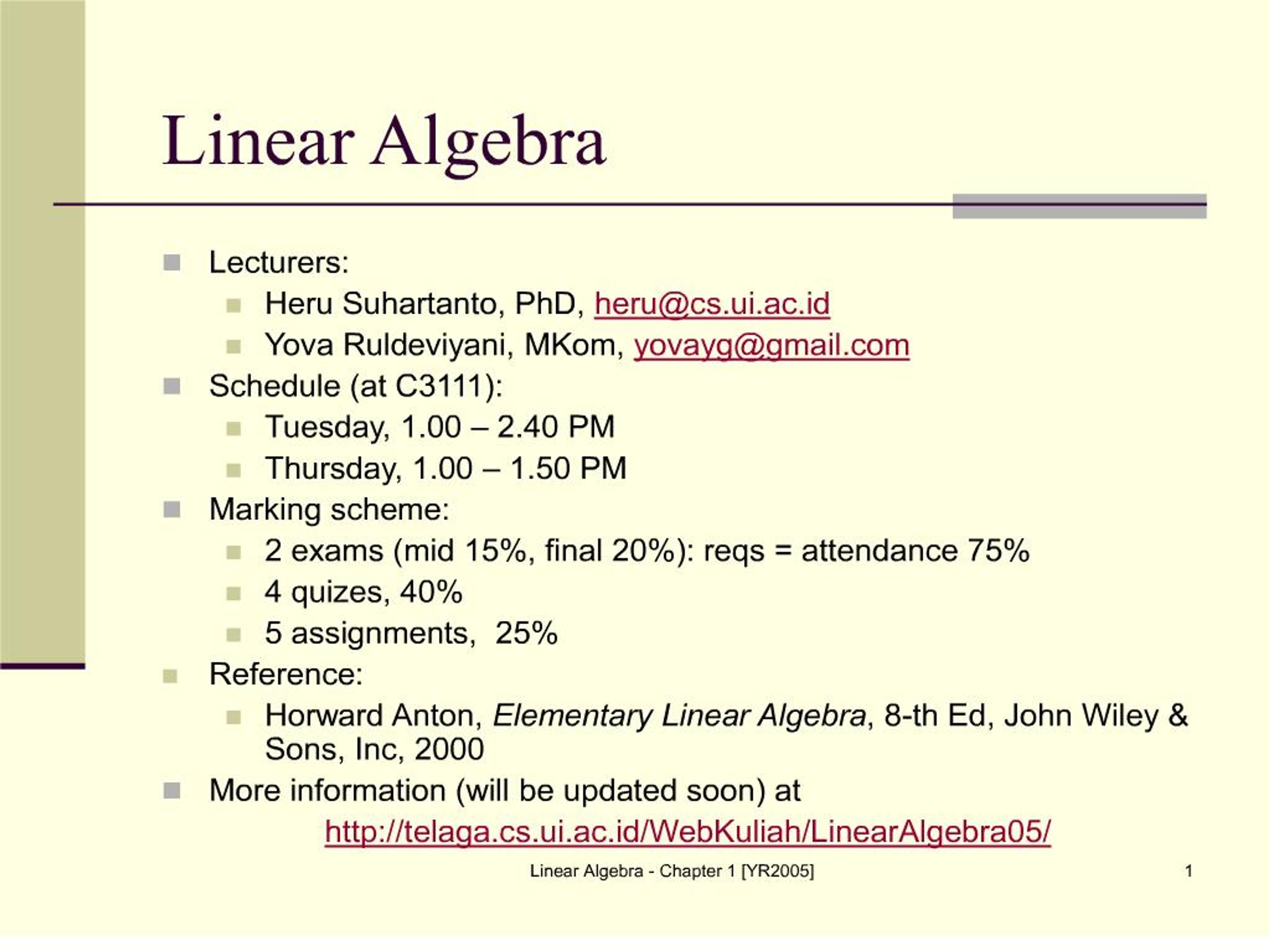 PPT - linear algebra - chapter 1 [yr2005] PowerPoint Presentation, free ...