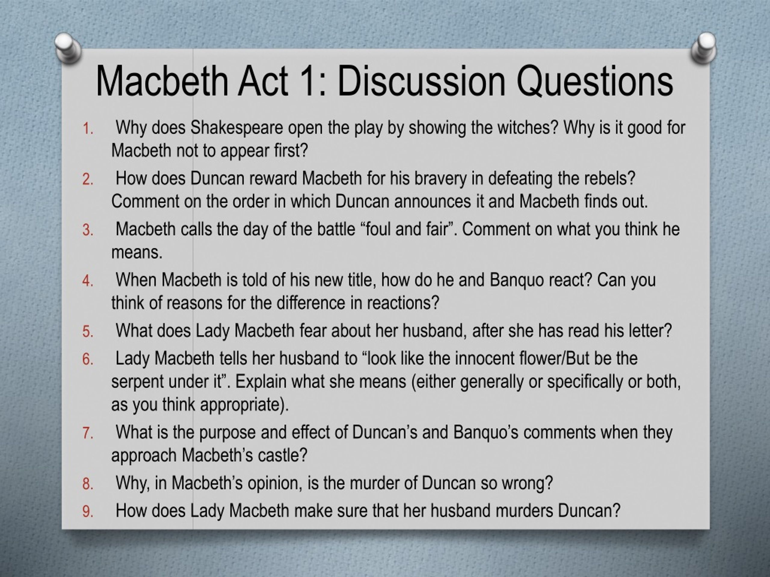 PPT - Macbeth Act 1: Discussion Questions PowerPoint Presentation, free ...