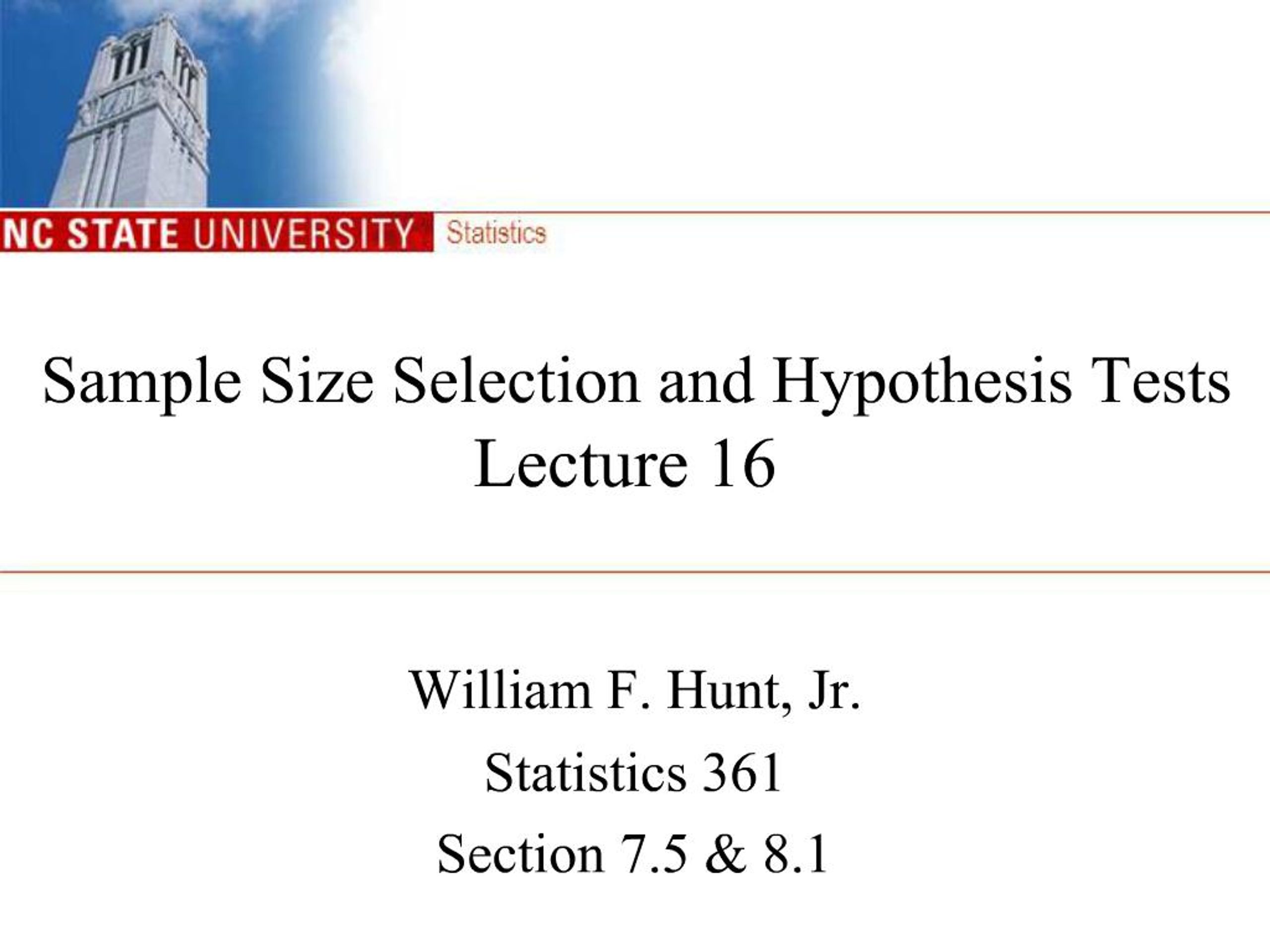 PPT - Sample Size Selection and Hypothesis Tests Lecture 16 PowerPoint ...