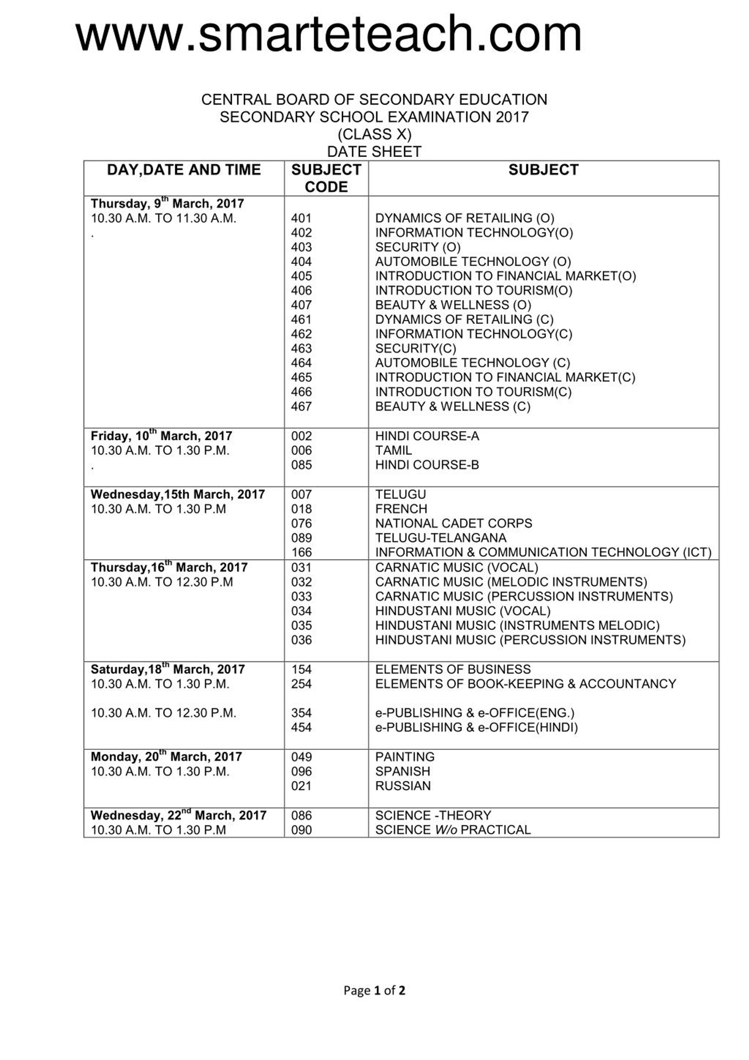 PPT - CBSE Class 10th Datesheet- Smarteteach PowerPoint Presentation ...