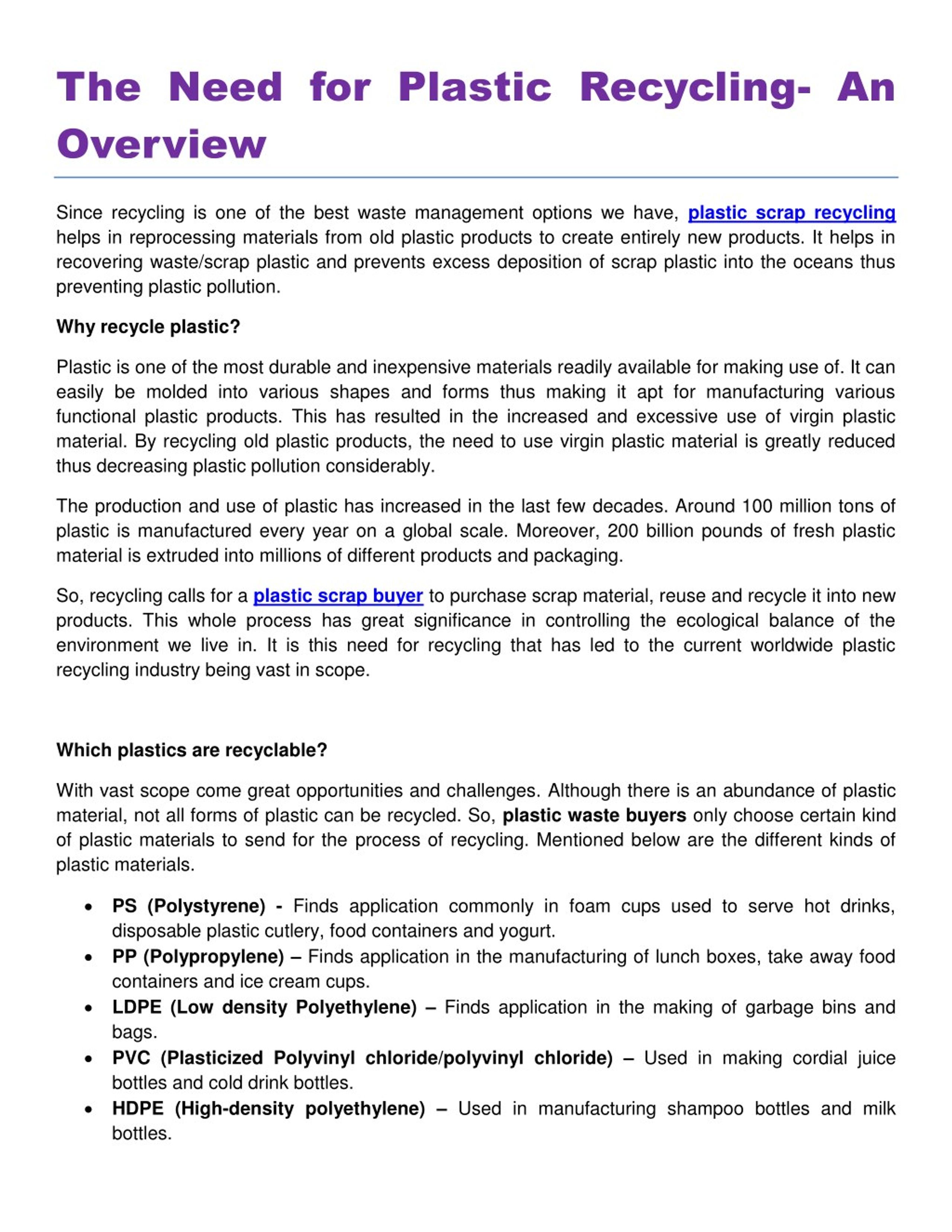 PPT - The Need for Plastic Recycling- An Overview PowerPoint ...