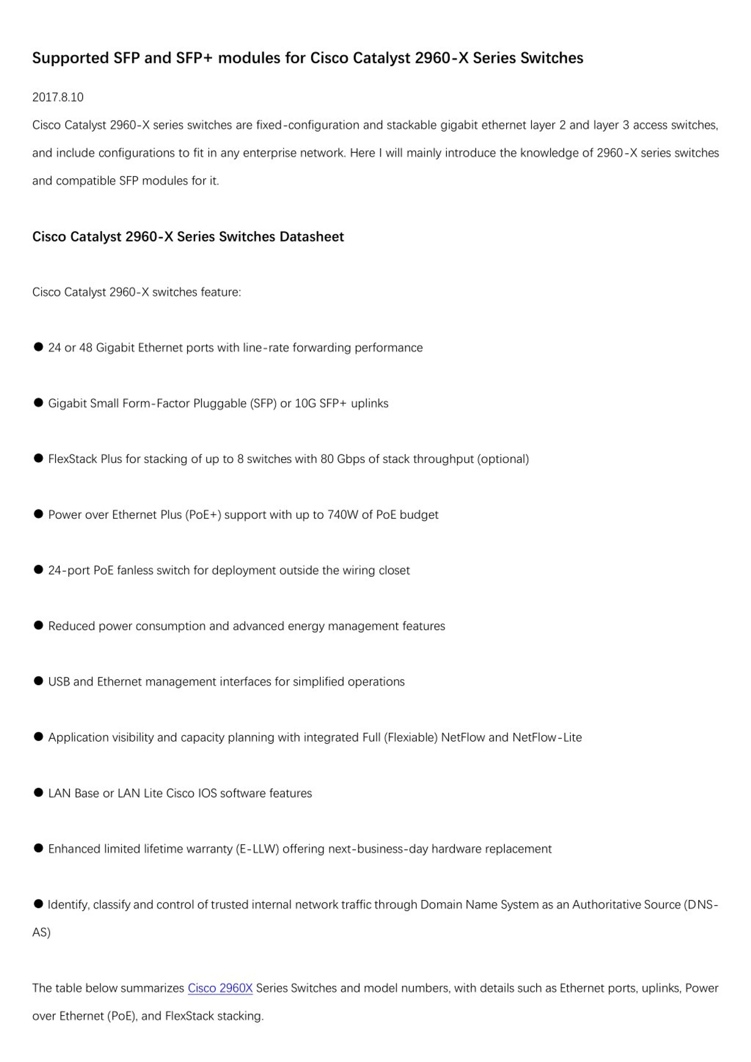 PPT - Supported SFP and SFP modules for Cisco Catalyst 2960-X Series ...