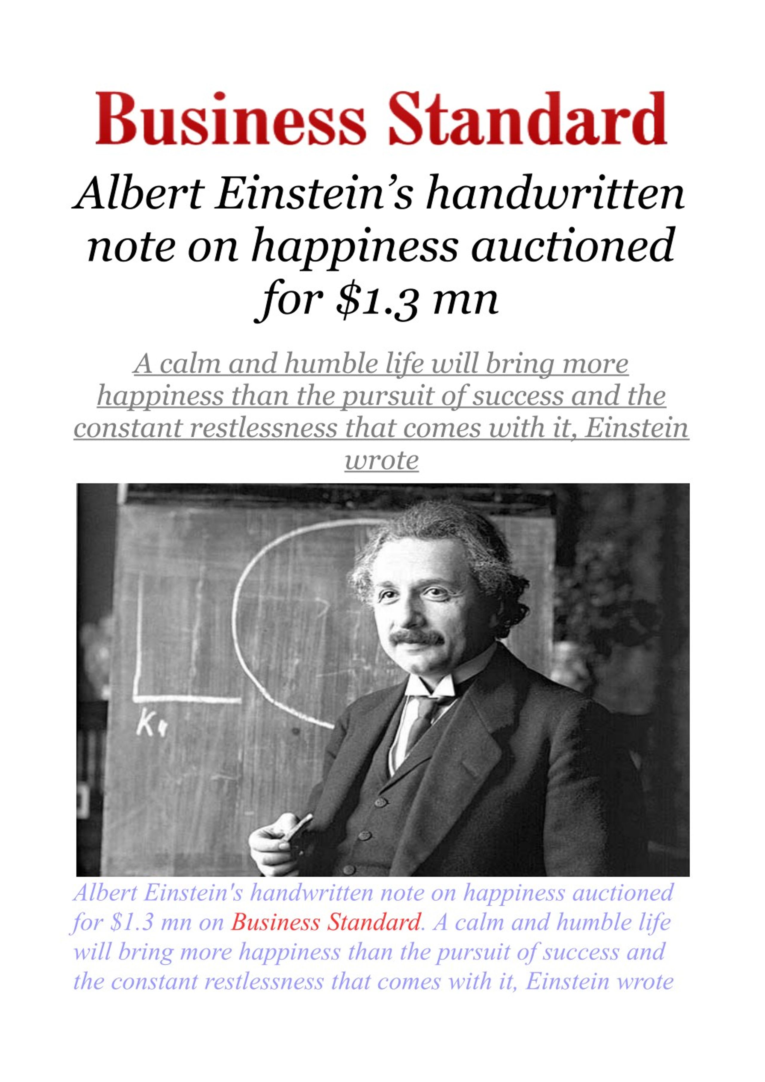 PPT - Albert Einstein's handwritten note on happiness auctioned for $1. ...