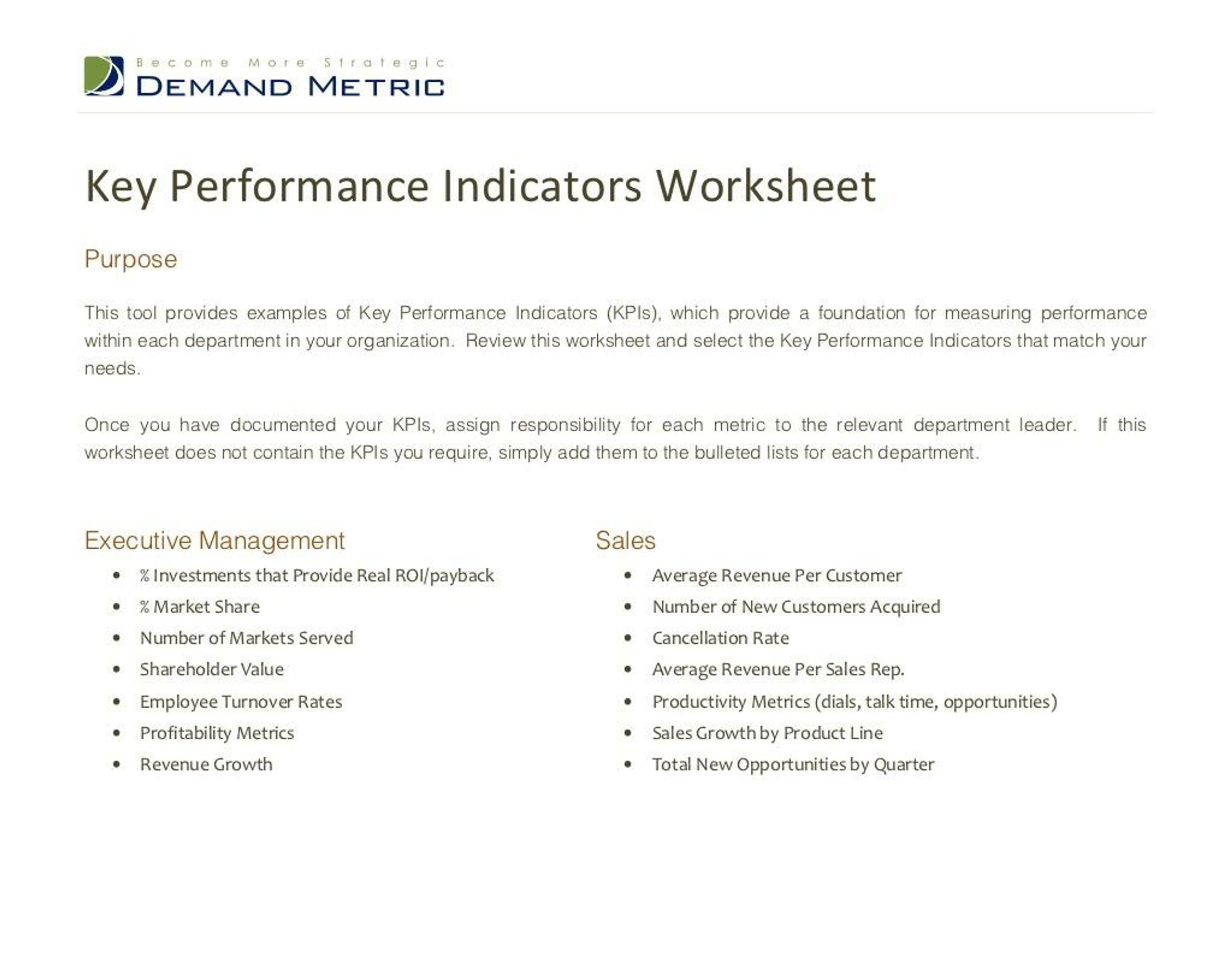 PPT - Key Performance Indicators Worksheet PowerPoint Presentation ...