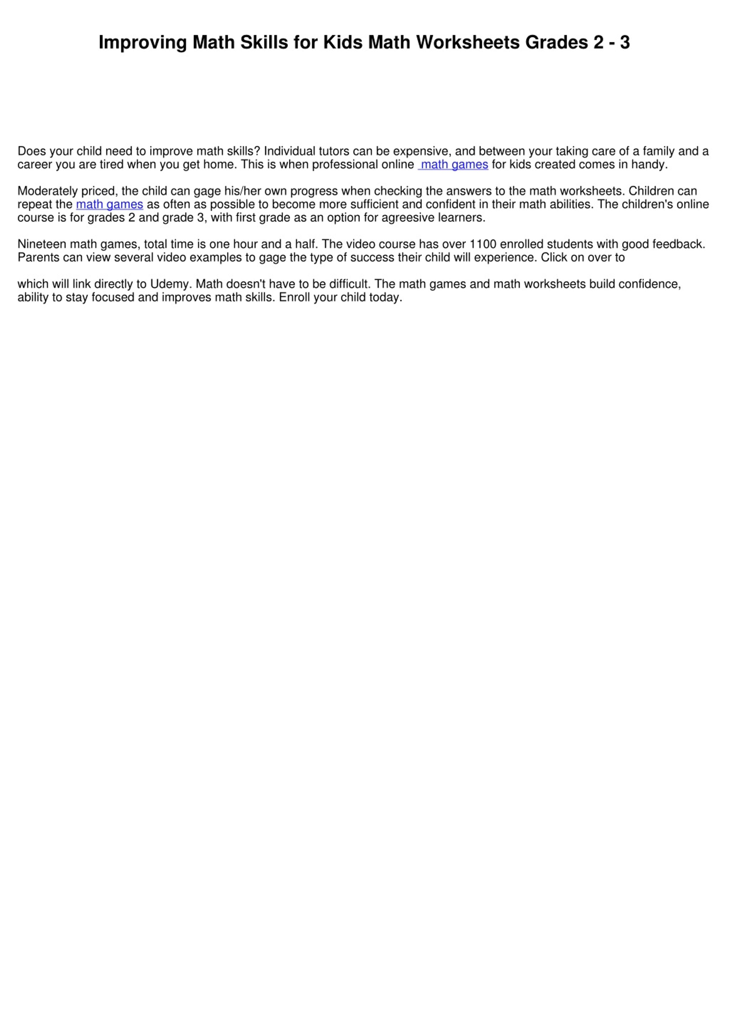PPT - Improving Math Skills for Kids Math Worksheets Grades 2 - 3 ...